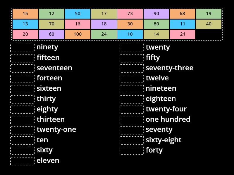 NUMBERS from 1 to 100 - Match up