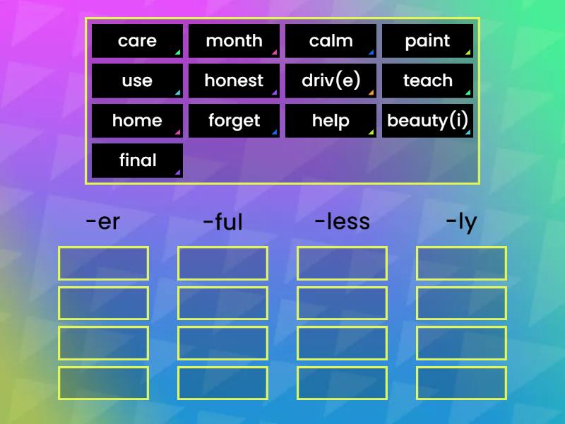 Suffixes -er -ful -less -ly - Group sort