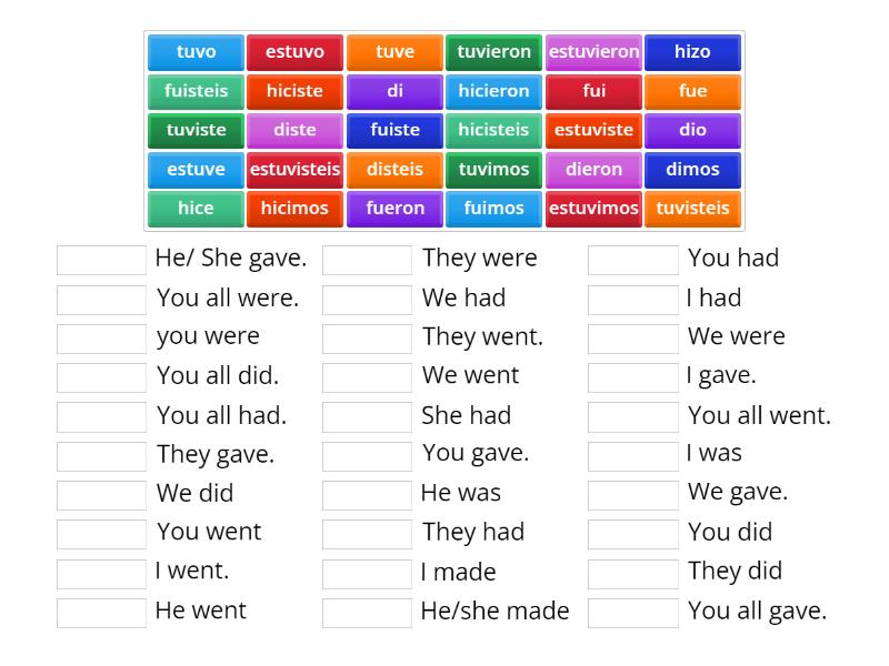 SPAN 1020 Irregular Preterite All forms matching - Match up