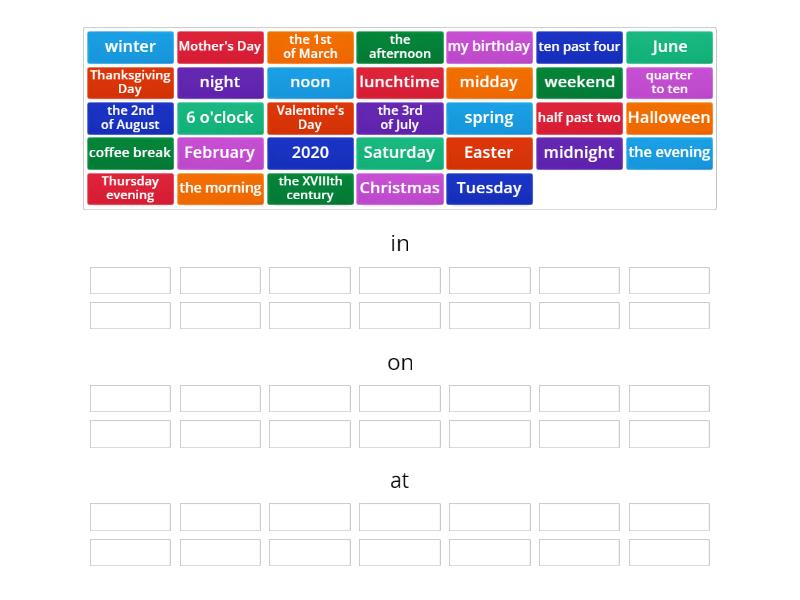 4B - EF - elementary - Prepositions of time in/on/at - Group sort