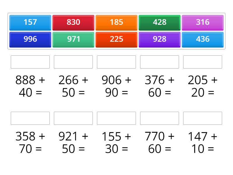 ADDITION WITHIN 1000 WITH REGROUPING (3 DIGITS + 2 DIGITS) - Match up