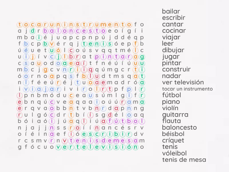 - Los pasatiempos (verbos, instrumentos y deportes) - Sopa de letras