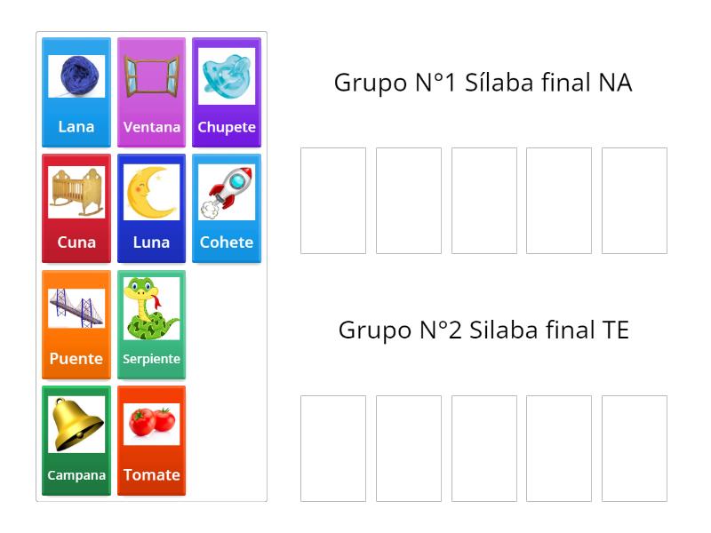 Arrastra al grupo N°1 las palabras que terminan con NA y al grupo N°2 ...
