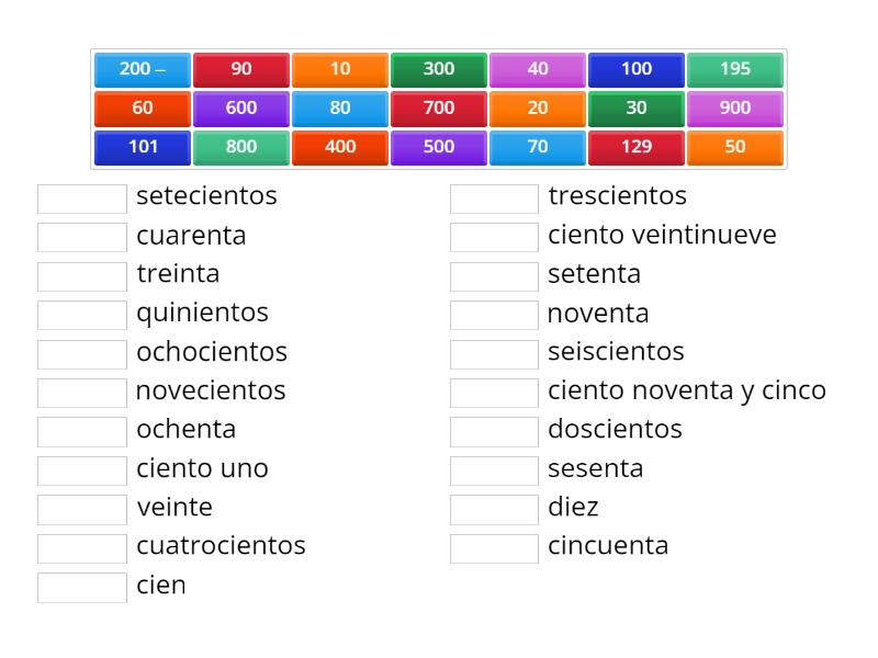 Spanish numbers 1-1000 - Match up