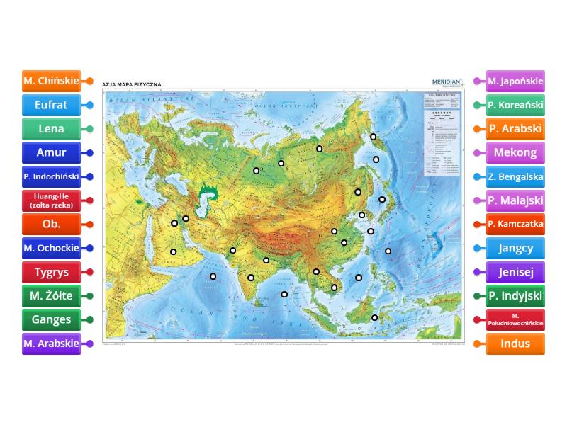 Mapa Konturowa Azji kl8: Rzeki, Półwyspy, Morza, Zatoki - Labelled diagram