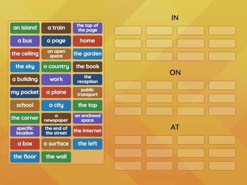 Prepositions of place IN, ON, AT (location) - Group sort