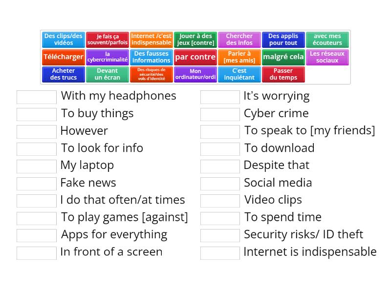 Yr10 Ma vie en ligne (new GCSE) - Match up