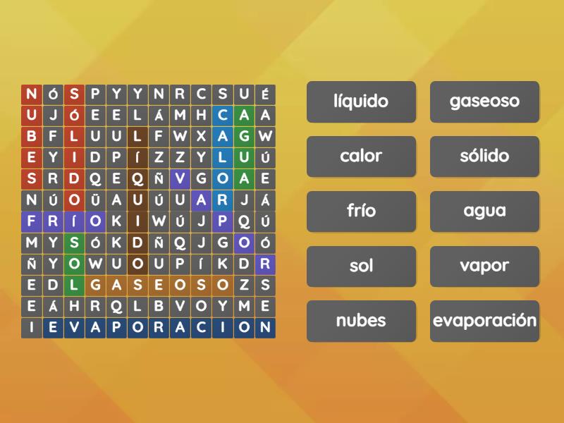 Encuentra en la siguiente la siguientes palabras Tema: Ciclo del agua ...