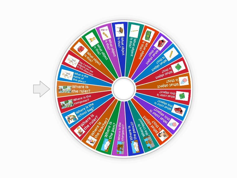 School objects - prepositions - Spin the wheel