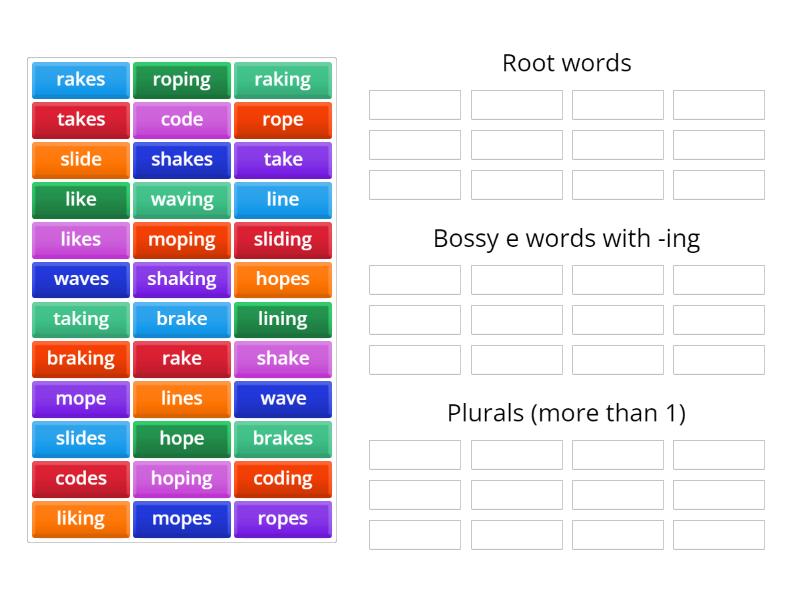 Bossy e root words and suffix endings - Group sort