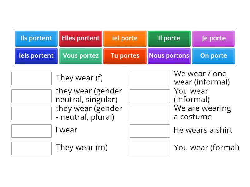 verbe porter (to wear / to carry) present tense - Match up