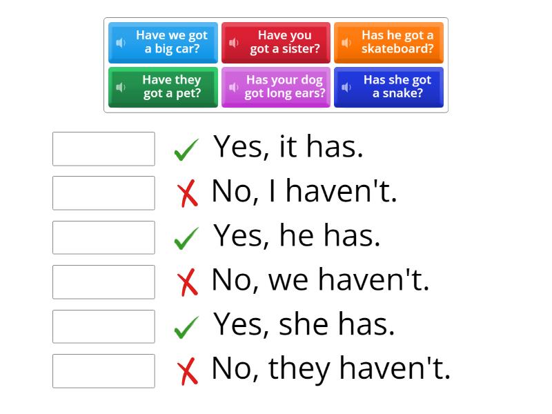 Unit 4: Have got/ Has got: Questions and Short answers. - Match up
