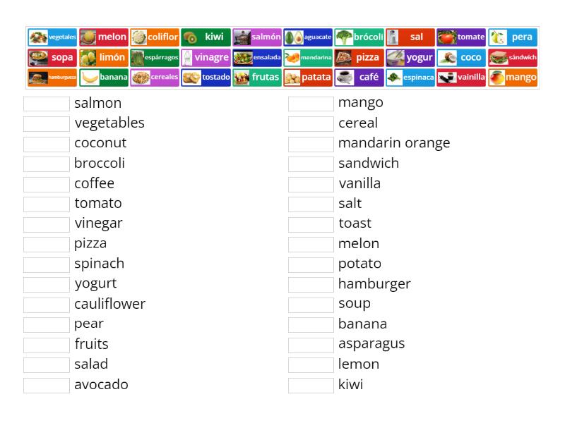 Spanish Food Cognates - Matching Game - Match up