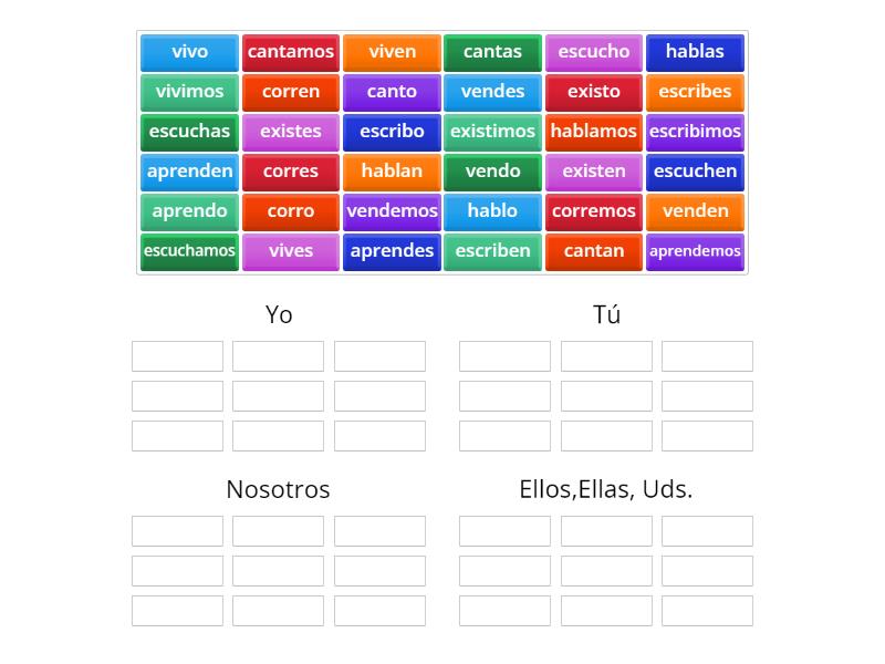 WORDWALL PRACTICE Regular present tense verbs -ar, -er, -ir - Group sort