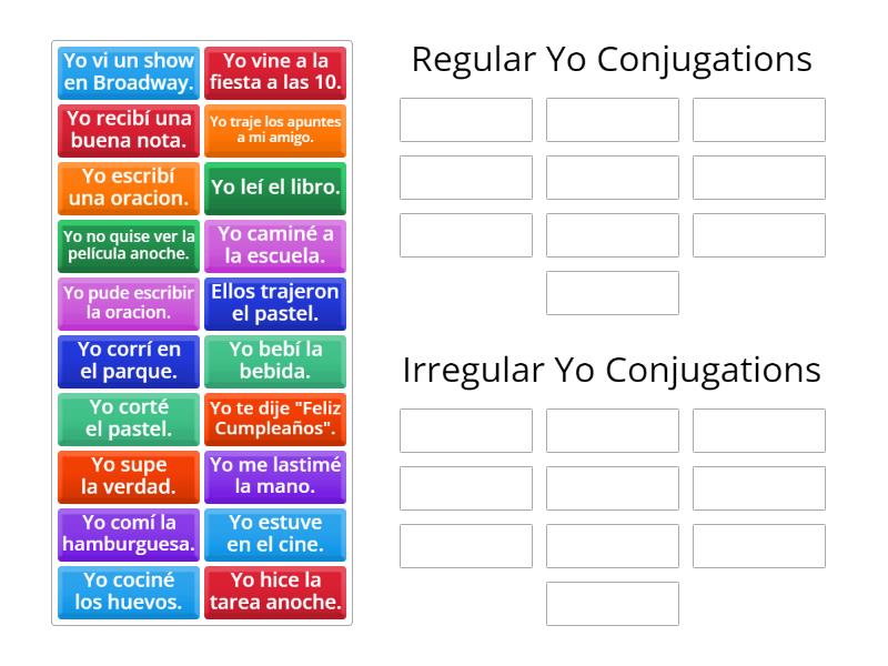 Los verbos en el pretérito: Irregular vs Regular (yo form) - Group sort