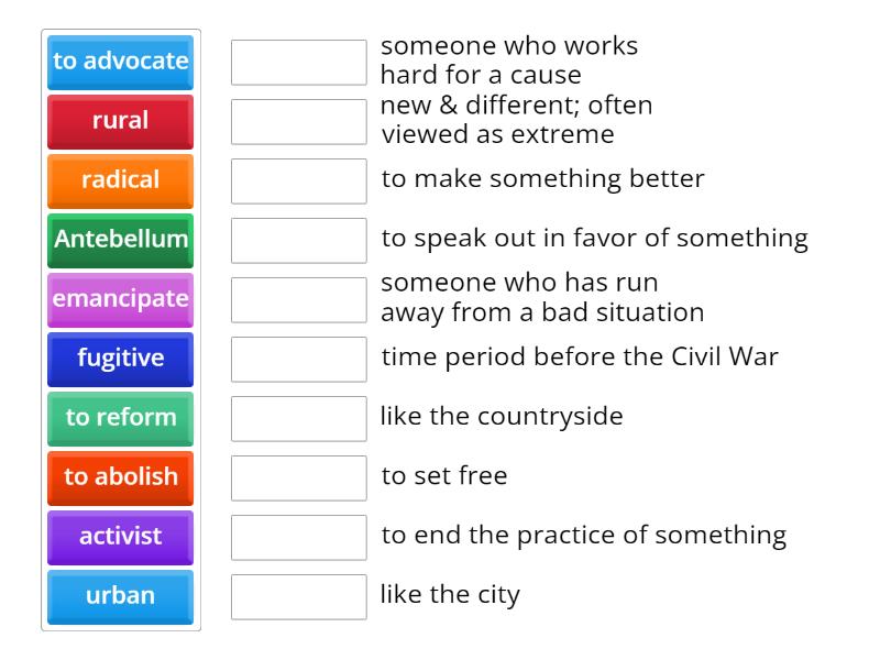 Antebellum Reform Vocabulary - Match up