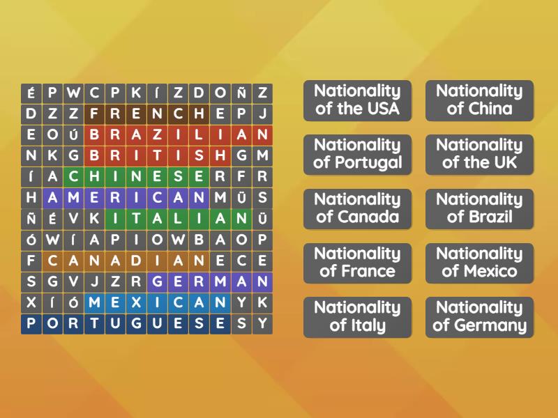 Nationalities - Wordsearch