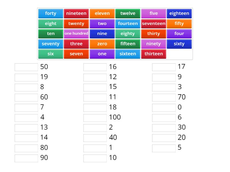 Match numbers to words - 0 to 20 and tens to 100 - Match up