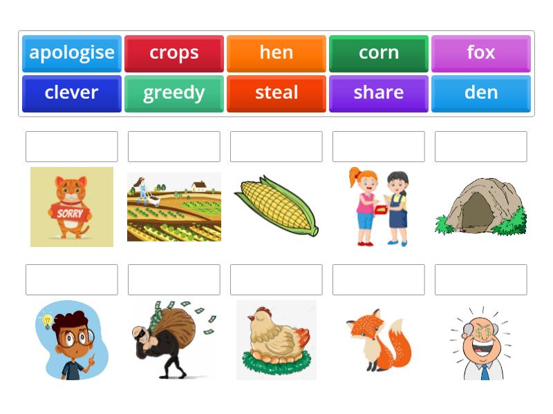 The clever fox and greedy hen story (vocabulary) - Match up