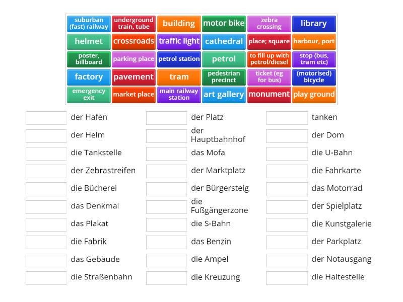 AQA German GCSE vocabulary - in town - Match up
