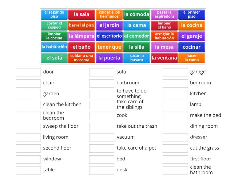 House and Chores Vocabulary - Une las parejas