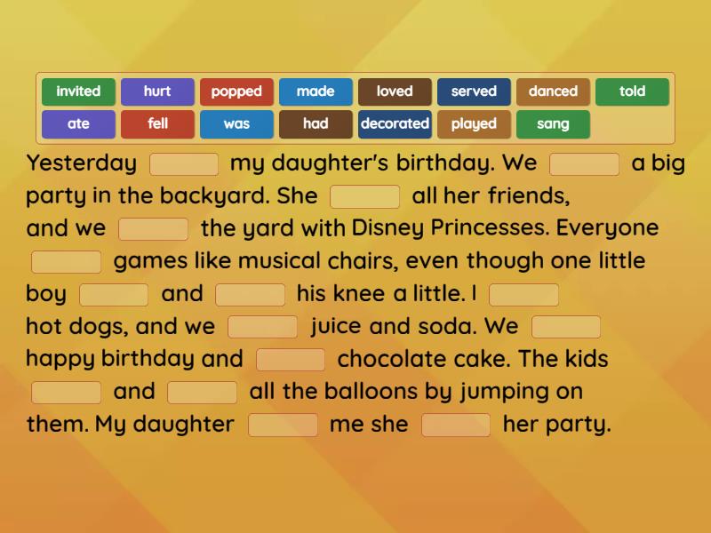 A1.11 | Simple Past Stories | Missing word - Complete the sentence