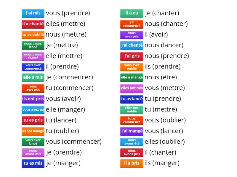 Les verbes au passé composé : Prendre, mettre, avoir, être, lancer ...