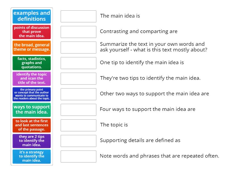 Topic, main idea and supporting details - Match up