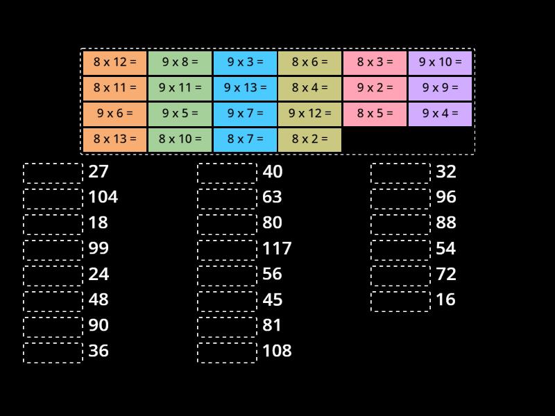 Tablas de multiplicar del 8 y del 9 - Match up