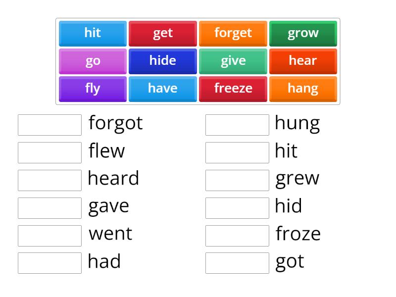 Past Simple Irregular Verbs fly - hit - Match up