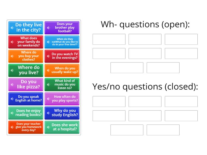 Grammar (open/closed questions). - Group sort