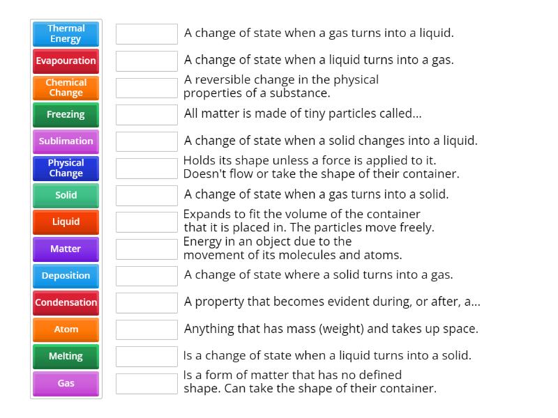 Definitions for properties of matter - Match up