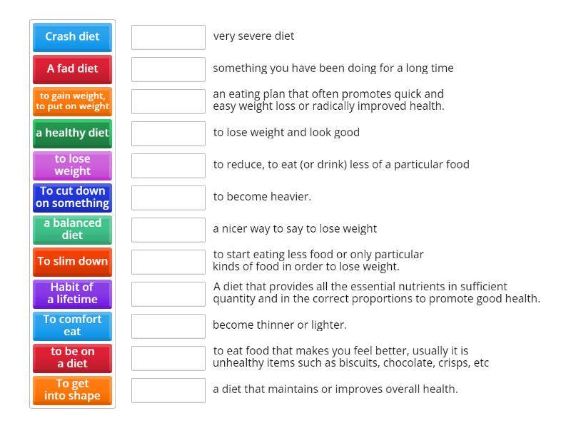 Diets Vocabulary. - Match up