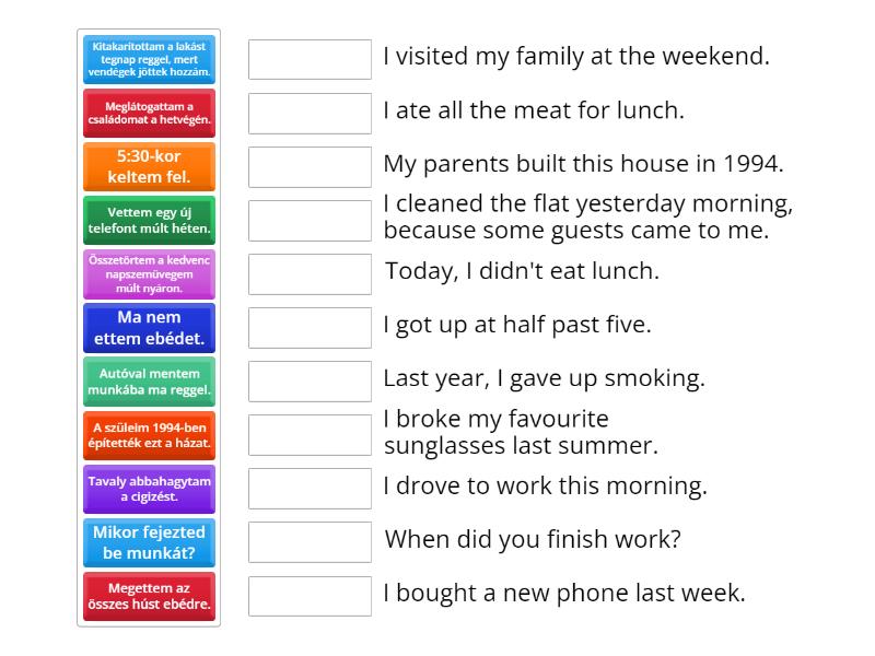 Practice - Past Simple sentences - Match up