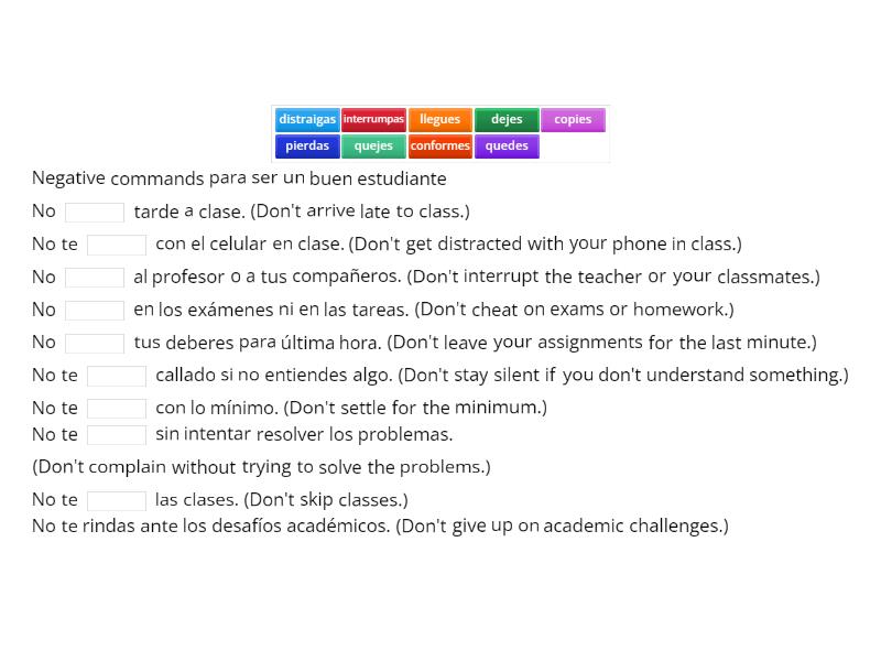 Negative Commands para ser un buen estudiante - Missing word