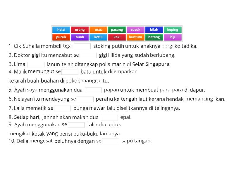 Cekap 5B - Unit 7 Pel 3 (Penjodoh Bilangan) - Complete the sentence