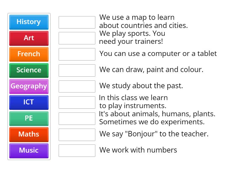 School subjects descriptions - Match up