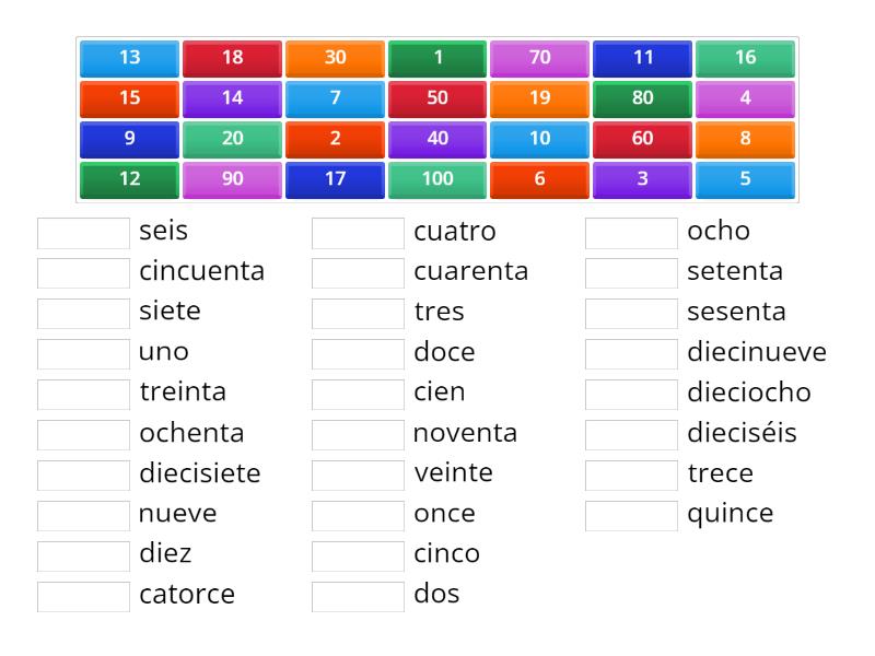 Números hasta el 100 - Match up