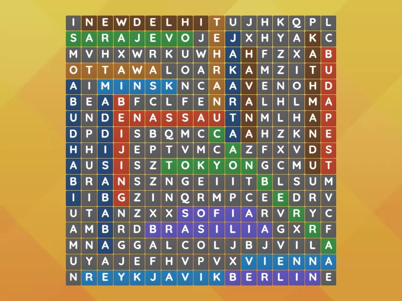 Find 20 world capitals hidden in the grid - Wordsearch