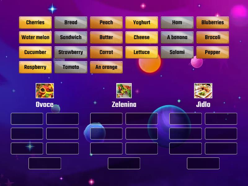Přiřaď správně ovoce,zeleninu a jidlo anglicky - Třídění skupin