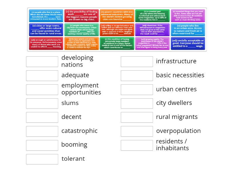Vocabulary for IELTS - Cities, Urbanisation & Urban Problems - Match up