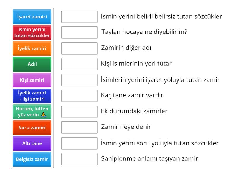 Türkçe Dönem Ödevi Zamirler - Match up
