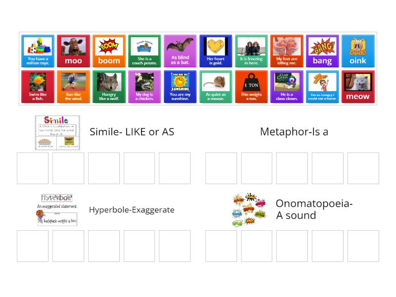 Practice of Simile, Metaphor, Hyperbole, Onomatopoeia-Sort - Group sort