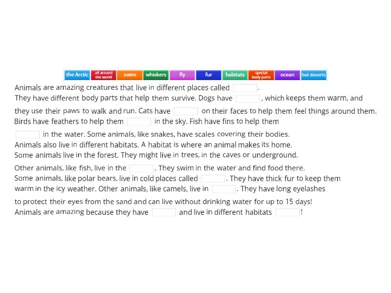 Animals body parts and their habitats! - Complete the sentence