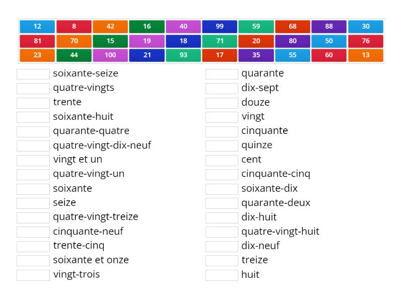 Les nombres 0 -100 - Match up