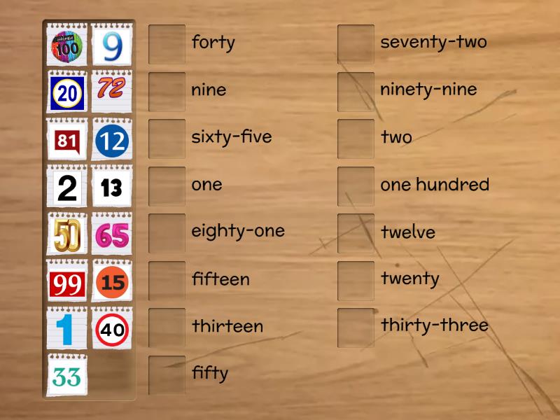 Numbers from 1 to 100 - Match up