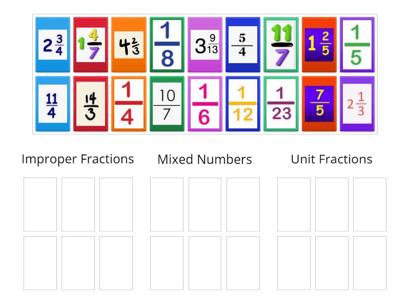 Improper Fractions, Mixed Numbers and Unit Fractions - Group sort