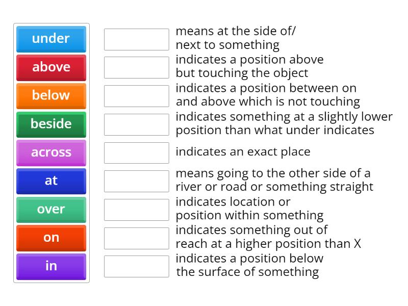 Prepositions of place - definition - Match up