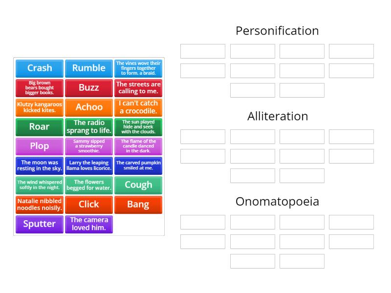 Personification, alliteration, and onomatopoeia - Ordenar por grupo