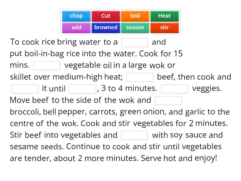 Recipes (cooking verbs) - Complete the sentence